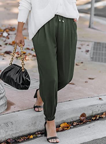 EVALESS Women's Linen Pants Summer Drawstring Elastic High Waisted Business Casual Work Pants for Women 2025 Trendy Loose Comfy Harem Pants Trousers Womens Joggers with Pockets Green Medium