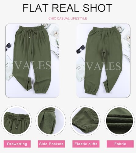 EVALESS Women's Linen Pants Summer Drawstring Elastic High Waisted Business Casual Work Pants for Women 2025 Trendy Loose Comfy Harem Pants Trousers Womens Joggers with Pockets Green Medium