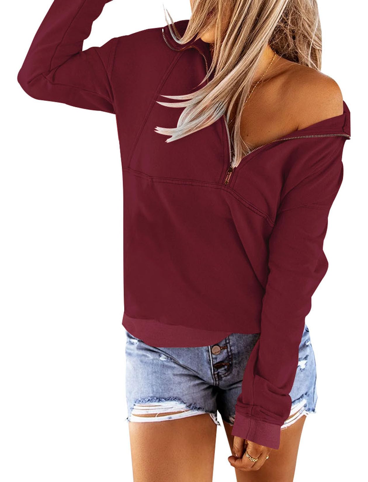Floral Find Women's Long Sleeve Lapel Half Zip Up Sweatshirt Solid Stylish Loose Fit Casual Pullover Tops (Wine Red, XX-Large)
