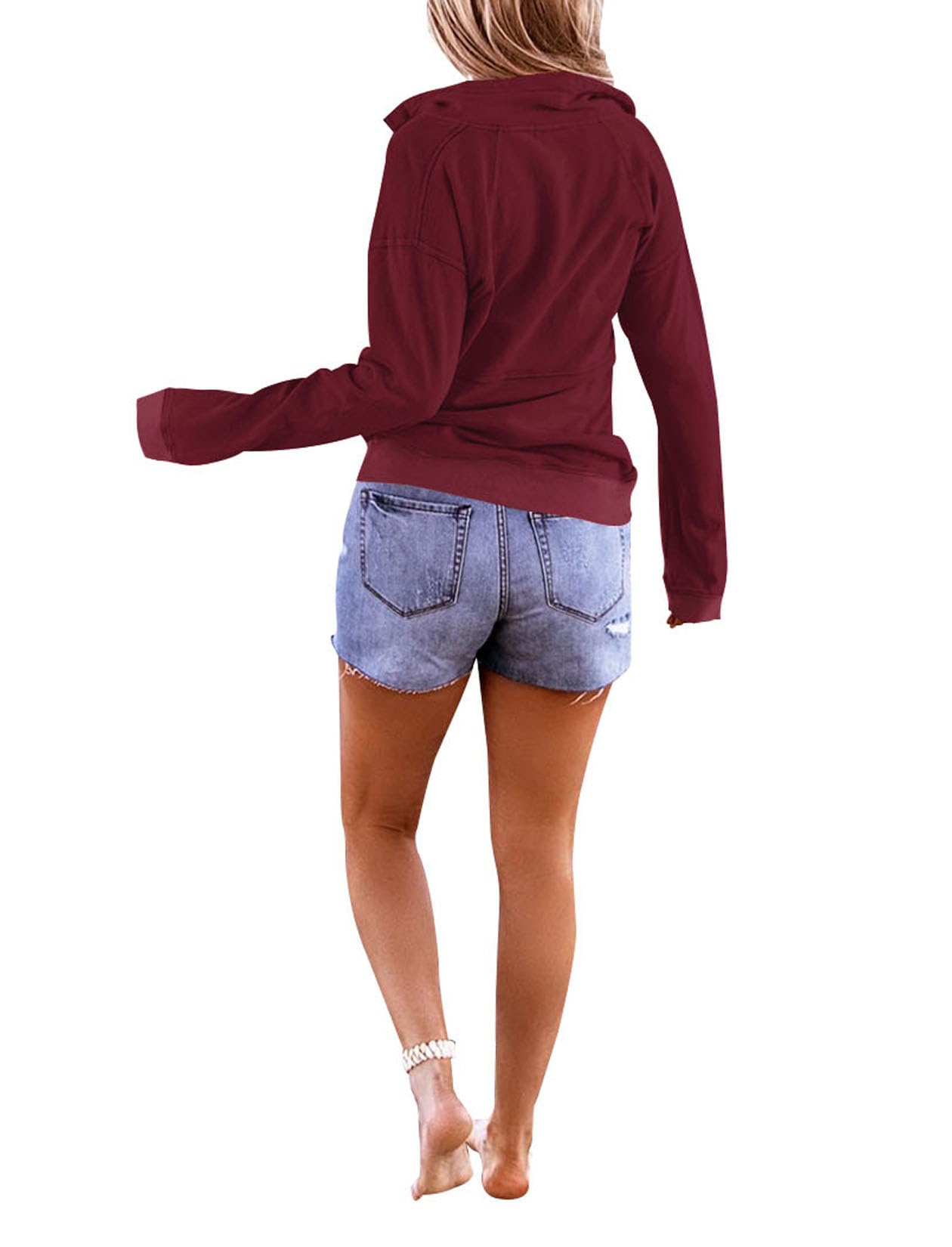 Floral Find Women's Long Sleeve Lapel Half Zip Up Sweatshirt Solid Stylish Loose Fit Casual Pullover Tops (Wine Red, XX-Large)
