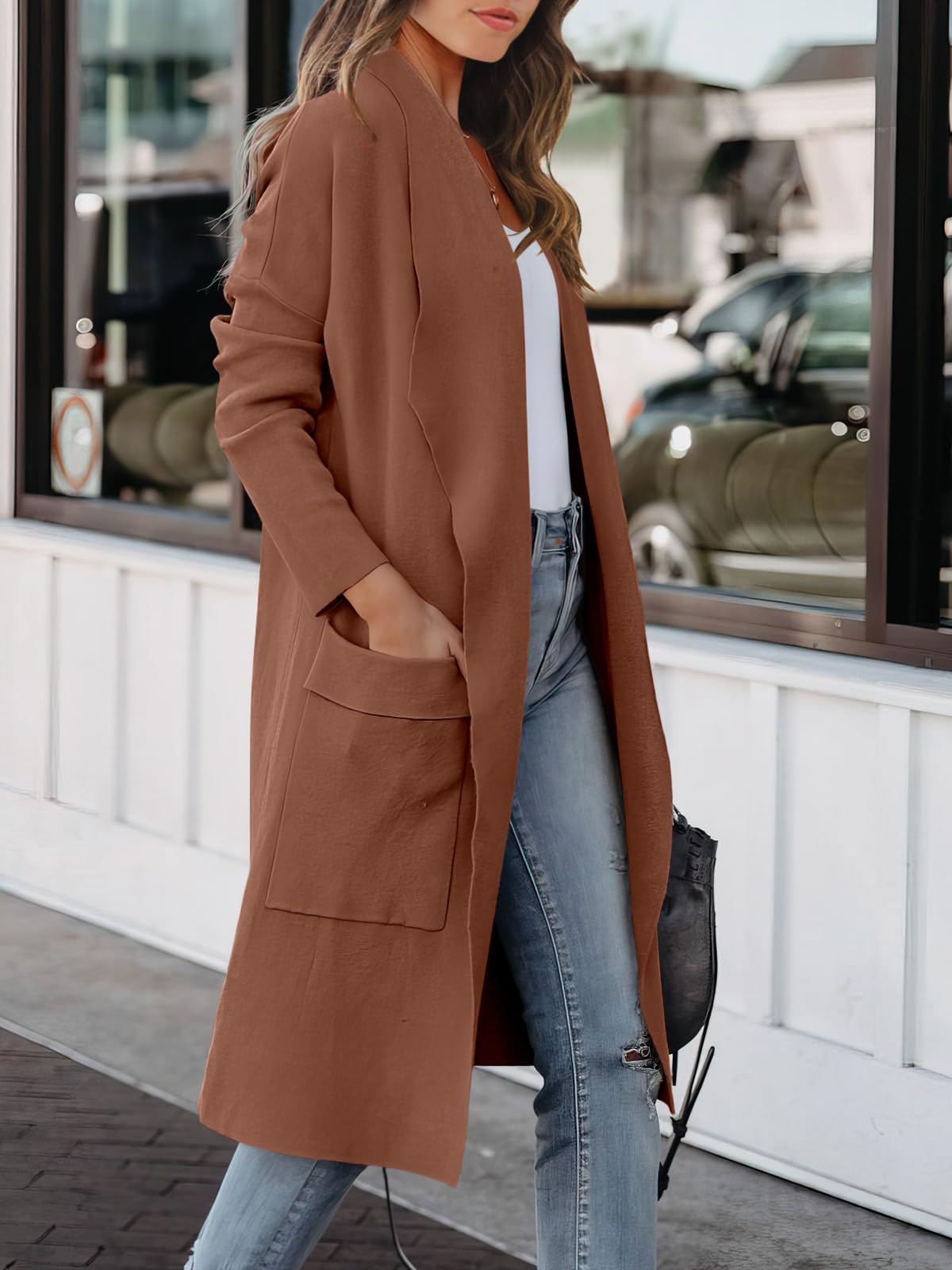 ANRABESS Women's Long Cardigan Sweater 2024 Fall Fashion Casual Oversized Knit Open Front Coatigan Jacket Coat Trendy Outfits Orange Brown Medium