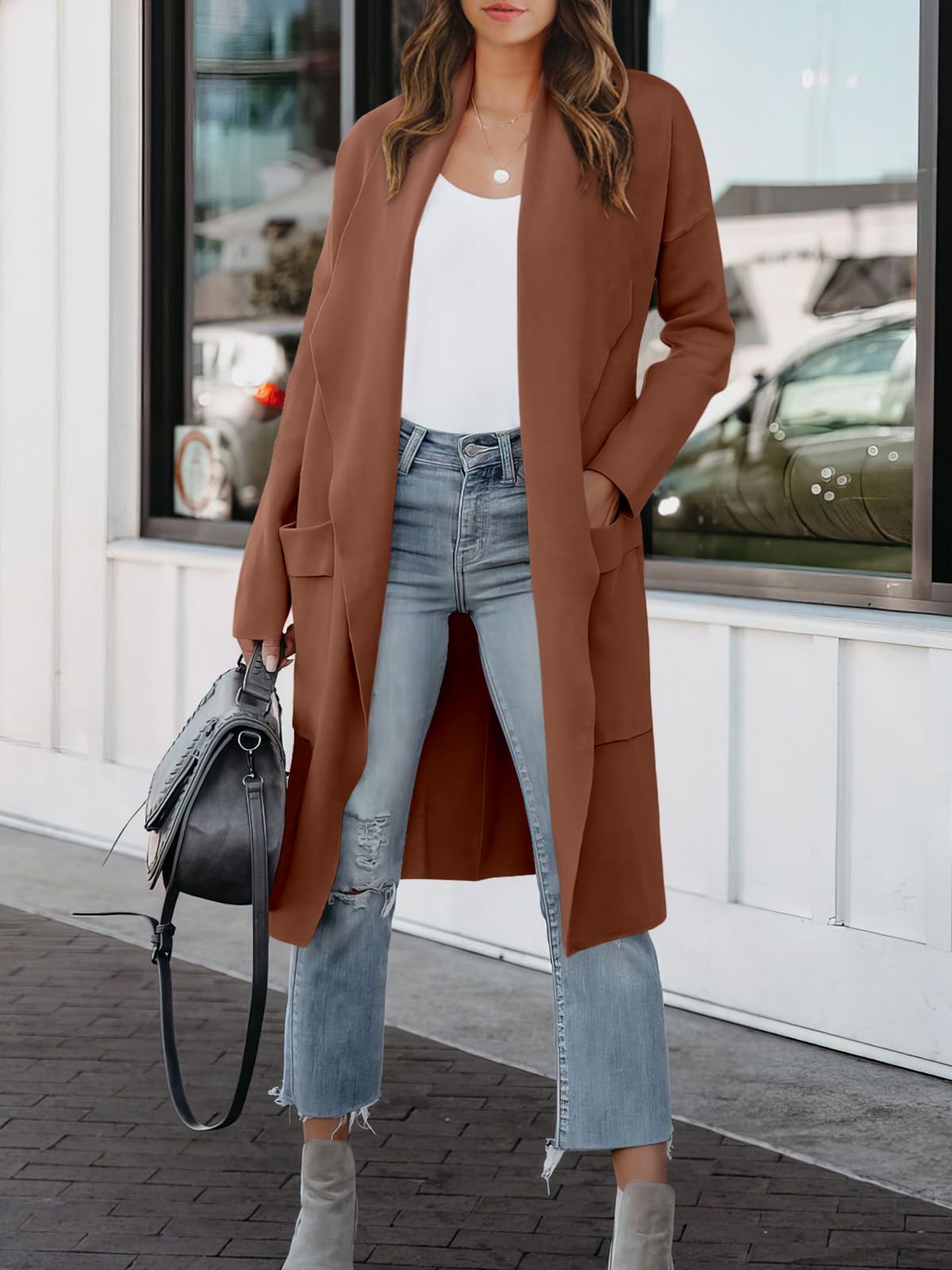 ANRABESS Women's Long Cardigan Sweater 2024 Fall Fashion Casual Oversized Knit Open Front Coatigan Jacket Coat Trendy Outfits Orange Brown Medium