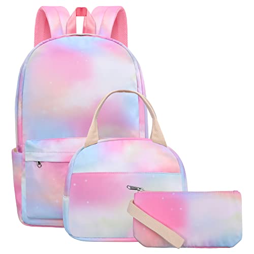 RUGICI Tie Dye School Backpack for Girls, Lightweight Waterproof Bookbag Set for Teens with Lunch Bag&Pencil Bag, Simple Modern Kids Backpack Set, Galaxy Packback（Rainbow)