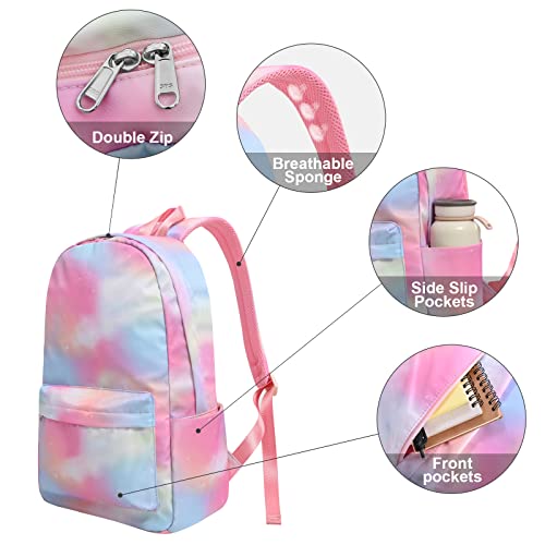 RUGICI Tie Dye School Backpack for Girls, Lightweight Waterproof Bookbag Set for Teens with Lunch Bag&Pencil Bag, Simple Modern Kids Backpack Set, Galaxy Packback（Rainbow)