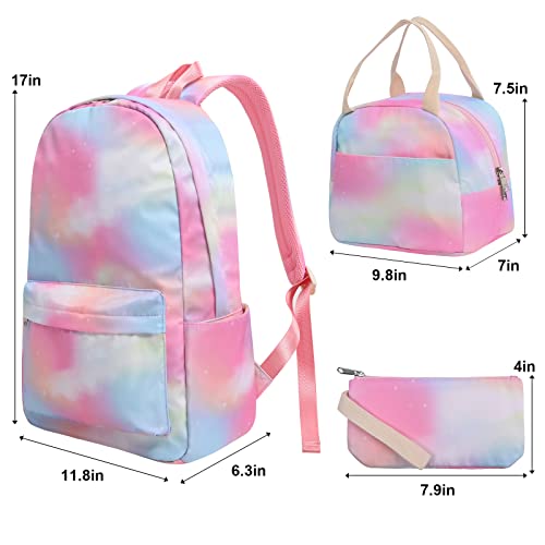 RUGICI Tie Dye School Backpack for Girls, Lightweight Waterproof Bookbag Set for Teens with Lunch Bag&Pencil Bag, Simple Modern Kids Backpack Set, Galaxy Packback（Rainbow)
