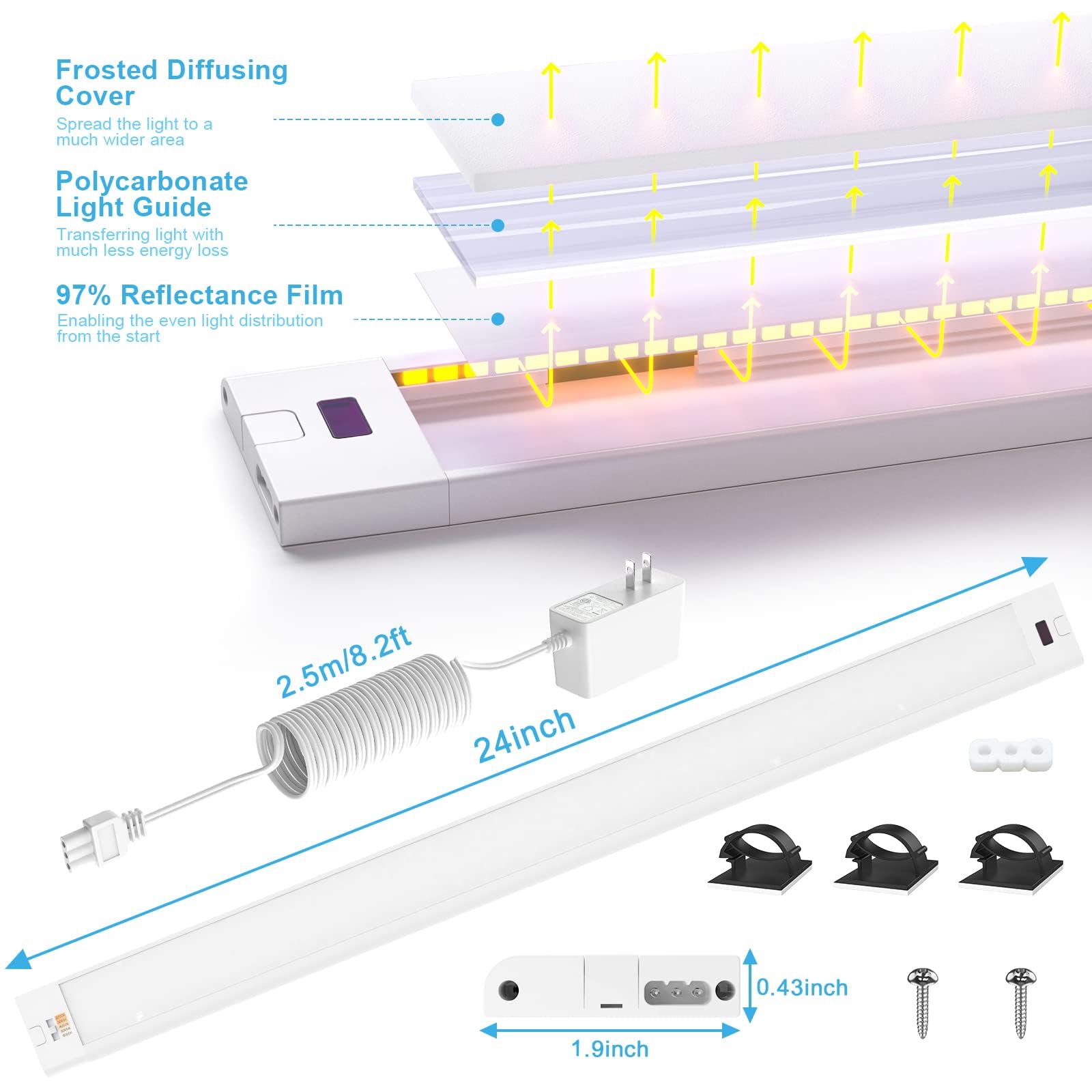 WOBANE Under Cabinet Lighting, 24 inch Plug in LED Counter Light Bar, Hand Wave Activated, Touchless Dimmable for Kitchen Cabinet, Shelf, Under Desk, Color Tunable 2700K to 6500K,White Panel,1400LM