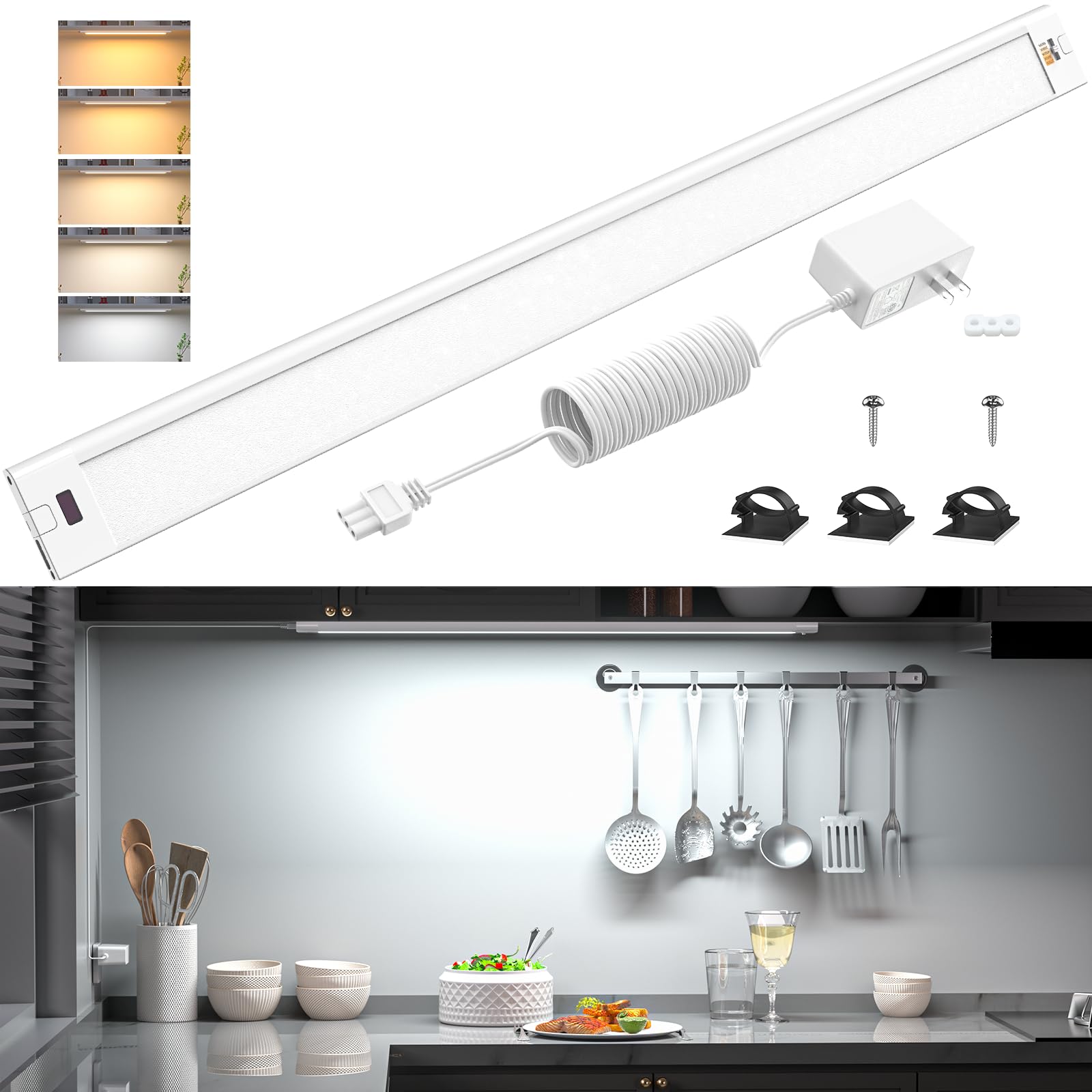 WOBANE Under Cabinet Lighting, 24 inch Plug in LED Counter Light Bar, Hand Wave Activated, Touchless Dimmable for Kitchen Cabinet, Shelf, Under Desk, Color Tunable 2700K to 6500K,White Panel,1400LM