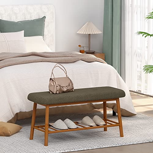 Bamworld Entryway Bench with Storage Bamboo Shoe Bench with Cushion Seat Rustic Storage Benches for Bedroom Living Room Indoor(Brown)