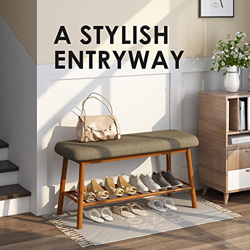 Bamworld Entryway Bench with Storage Bamboo Shoe Bench with Cushion Seat Rustic Storage Benches for Bedroom Living Room Indoor(Brown)