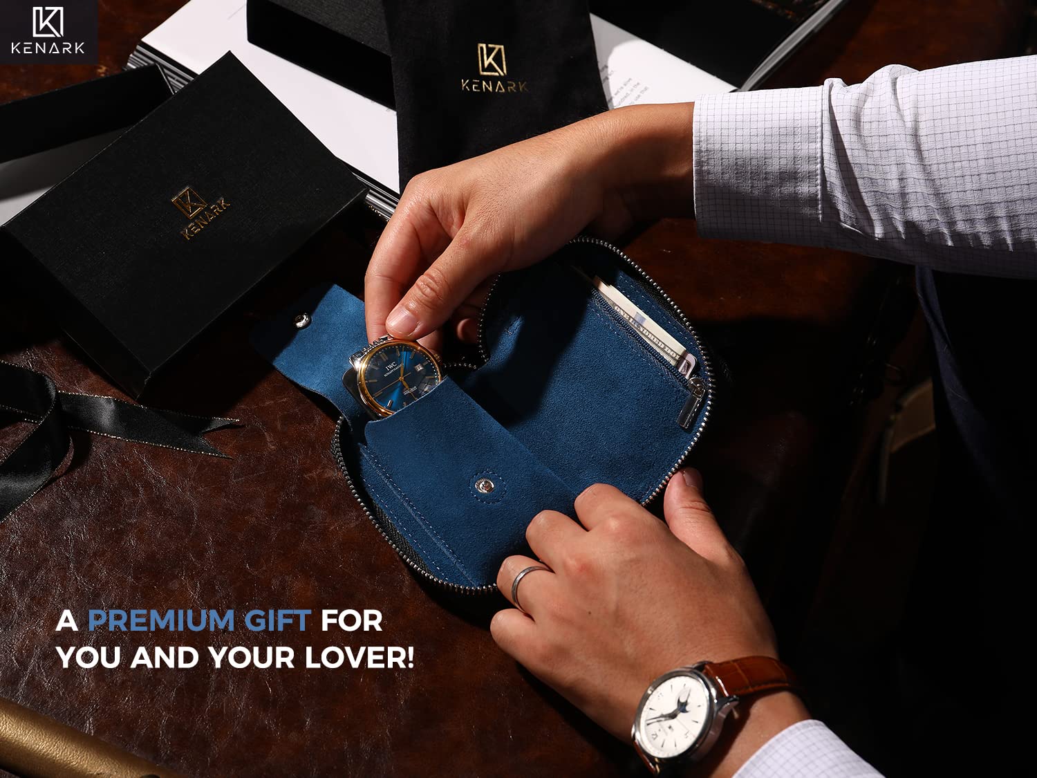 KENARK Luxury KW6M PLUS Watch Case Travel Watch Case for 3 Watches - Watch Roll for Anti-scratching - Luxury Watch Box - Watch Storage Roll (Blue Pouch)