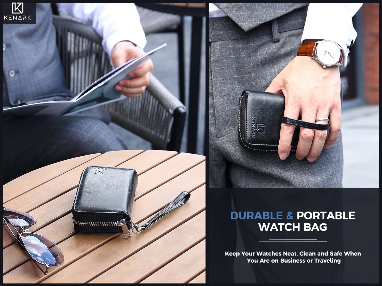 KENARK Luxury KW6M PLUS Watch Case Travel Watch Case for 3 Watches - Watch Roll for Anti-scratching - Luxury Watch Box - Watch Storage Roll (Blue Pouch)
