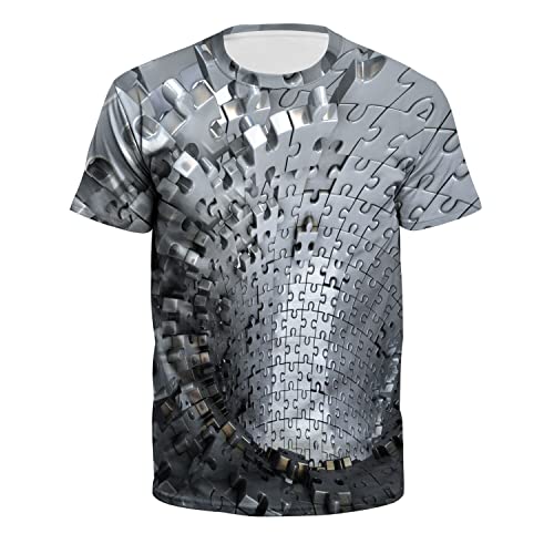 Men's Novelty T Shirt 3D Puzzle Swirl Printing Pattern Shirts Round Neck Casual Short-Sleeved for Men Grey