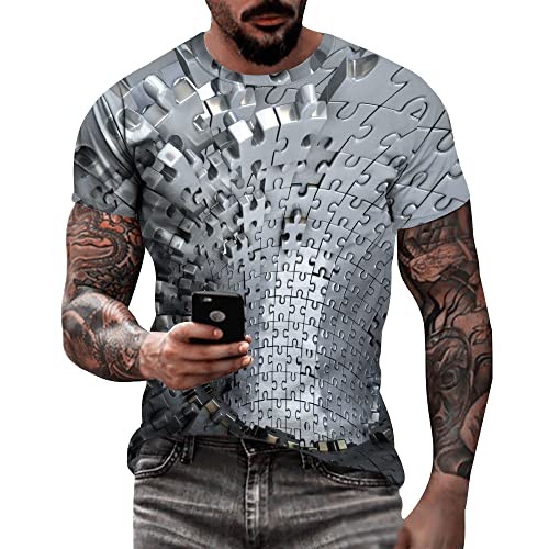 Men's Novelty T Shirt 3D Puzzle Swirl Printing Pattern Shirts Round Neck Casual Short-Sleeved for Men Grey