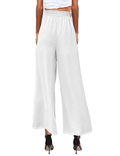 Pasgreson Womens Elastic High Waist Wide Leg Pants Palazzo Lounge Pants Casual Loose Flowy Pants with Pockets White 3XL