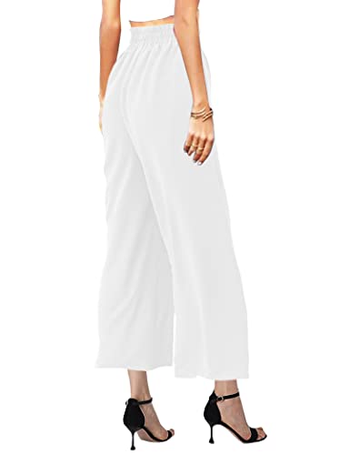 Pasgreson Womens Elastic High Waist Wide Leg Pants Palazzo Lounge Pants Casual Loose Flowy Pants with Pockets White 3XL