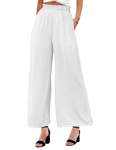 Pasgreson Womens Elastic High Waist Wide Leg Pants Palazzo Lounge Pants Casual Loose Flowy Pants with Pockets White 3XL