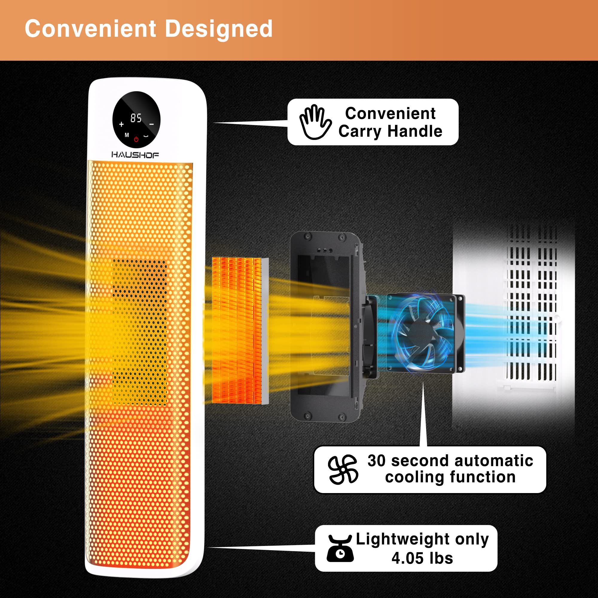 HAUSHOF 1500W Tower Space Heater, 1-24h Timer Digital Ceramic Heater with Touch& Remote Control, Overheat Protection, Safe for Home Office