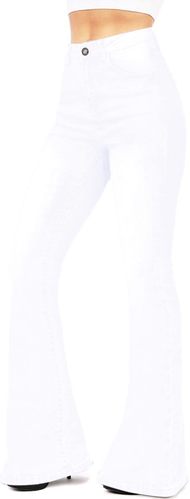 GALMINT Women's Fashion High Waisted Wide Leg Bootcut Slim Denim Flare Bellbottom Jeans (White, US 10)