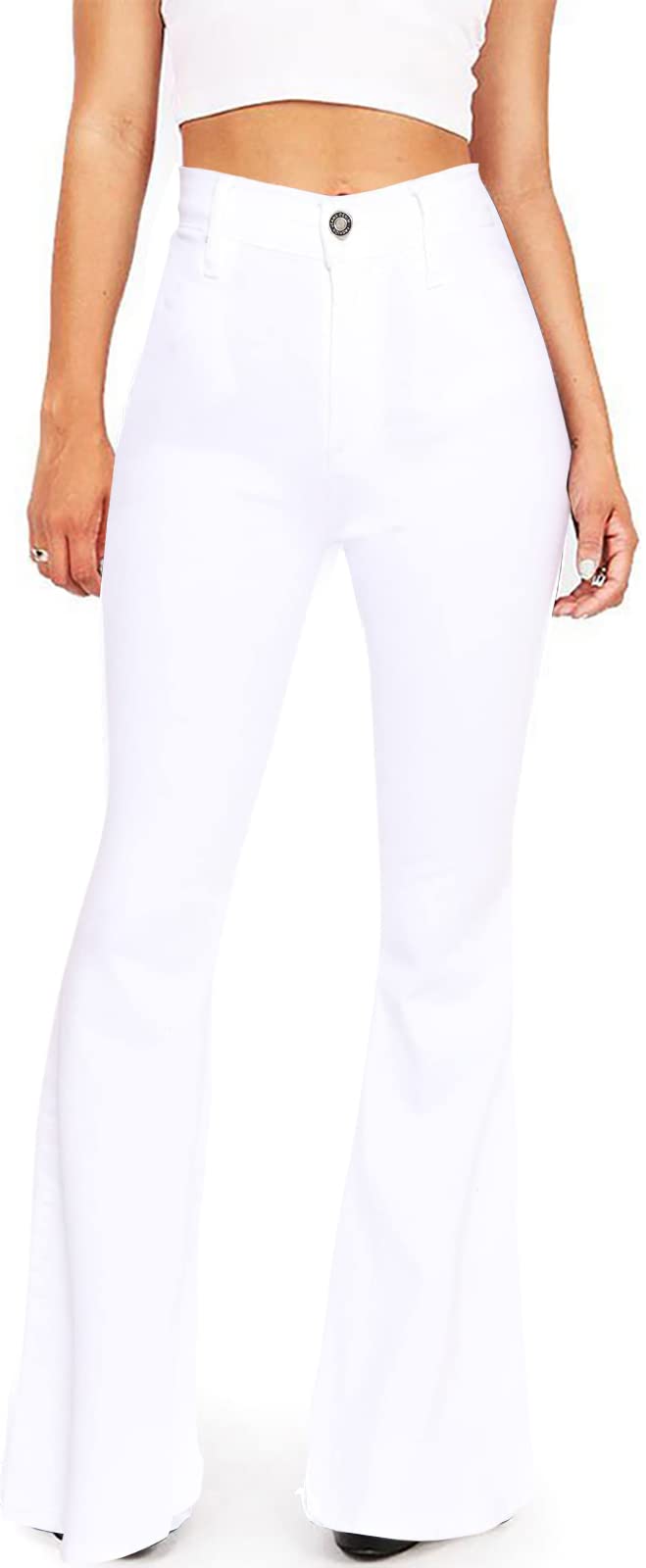GALMINT Women's Fashion High Waisted Wide Leg Bootcut Slim Denim Flare Bellbottom Jeans (White, US 10)