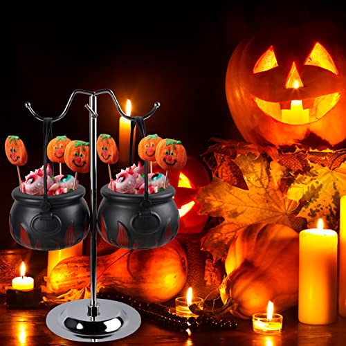 ChezMax Halloween Witch Cauldron, 2 Pack Plastic Candy Cauldron Flame Party Pots with Adjustable Holder, Black Spooky Halloween Bucket with Handle, Large Trick Or Treat Serving Bowls for Table Decor