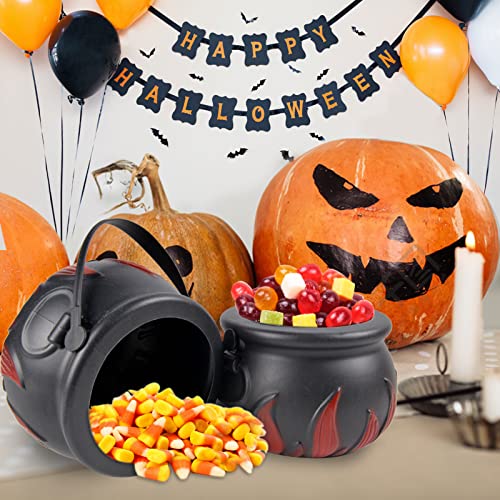 ChezMax Halloween Witch Cauldron, 2 Pack Plastic Candy Cauldron Flame Party Pots with Adjustable Holder, Black Spooky Halloween Bucket with Handle, Large Trick Or Treat Serving Bowls for Table Decor