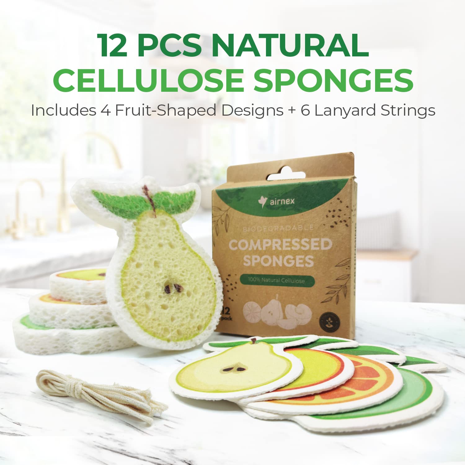 Biodegradable Cellulose Compressed Sponges Bulk - Fruit Shaped Natural Kitchen Sponges Pack of 12 - Eco Friendly Compostable Dish Sponges for Washing Dishes - Odor Free Pop Up Non Scratch Sponges