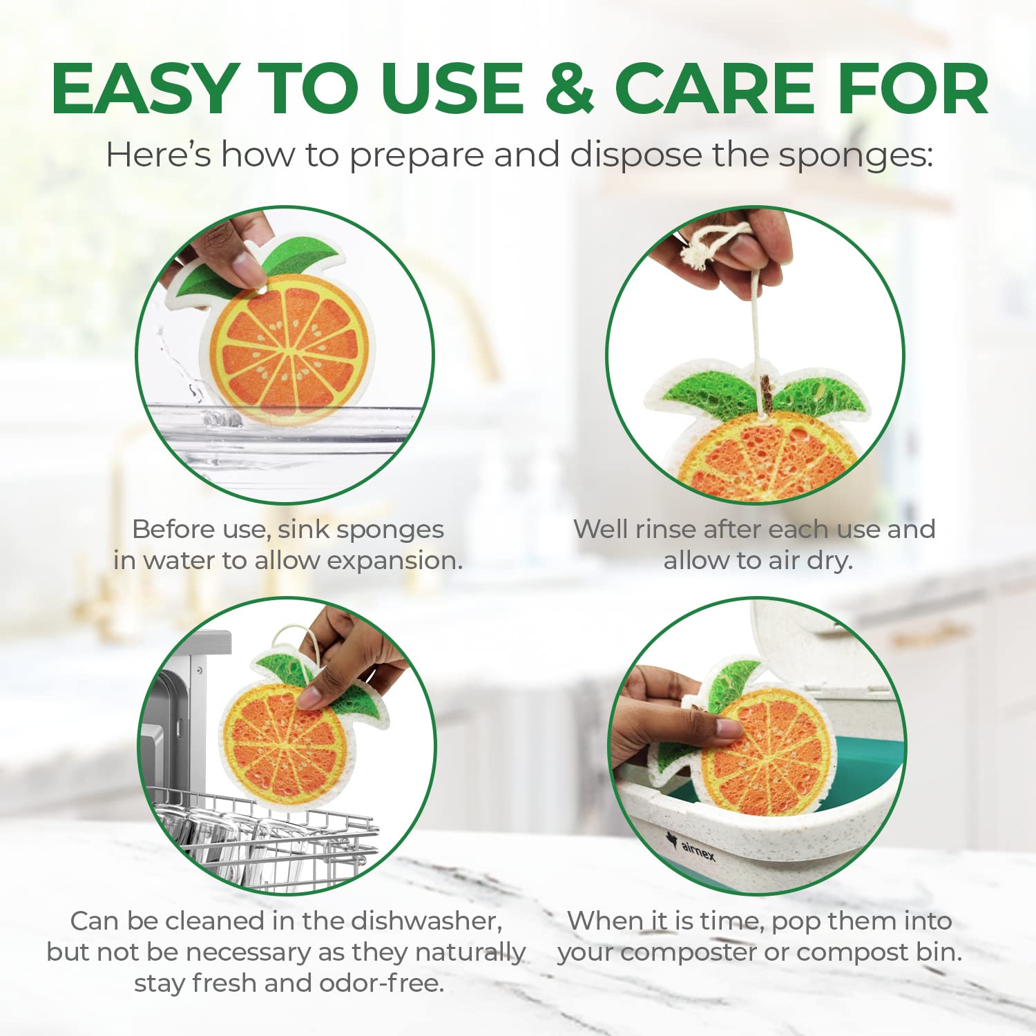 Biodegradable Cellulose Compressed Sponges Bulk - Fruit Shaped Natural Kitchen Sponges Pack of 12 - Eco Friendly Compostable Dish Sponges for Washing Dishes - Odor Free Pop Up Non Scratch Sponges