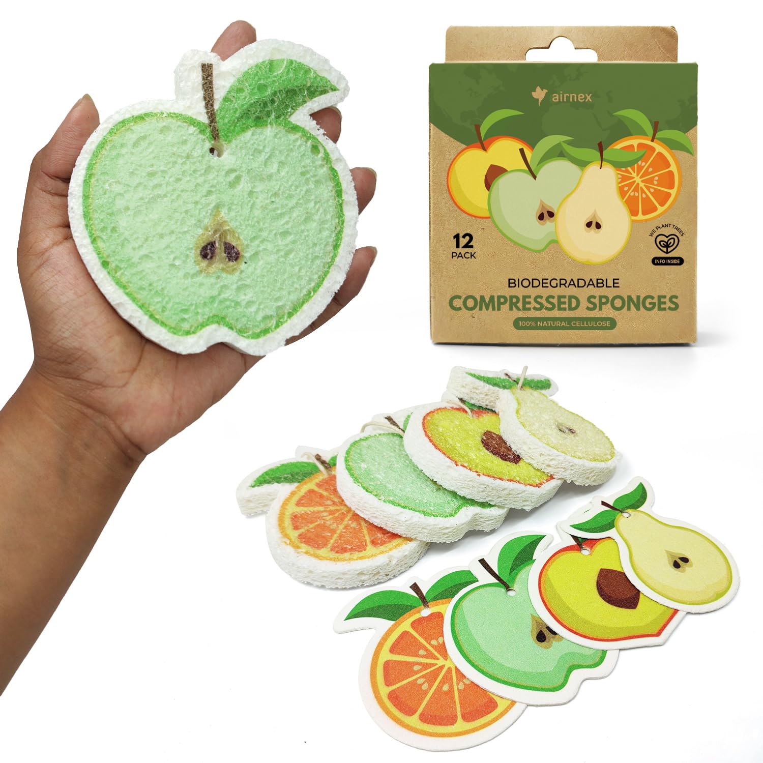 Biodegradable Cellulose Compressed Sponges Bulk - Fruit Shaped Natural Kitchen Sponges Pack of 12 - Eco Friendly Compostable Dish Sponges for Washing Dishes - Odor Free Pop Up Non Scratch Sponges