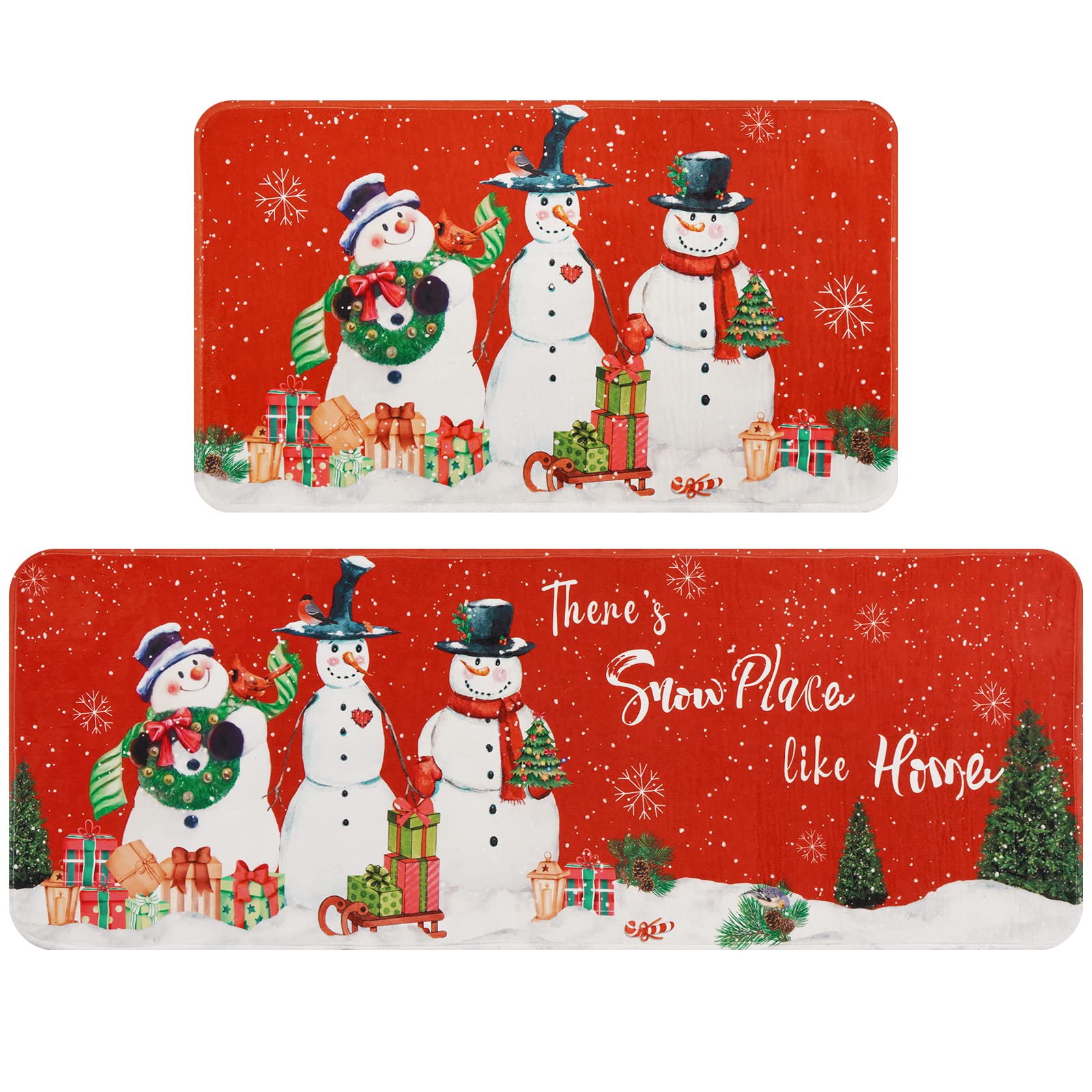 ASPMIZ 2 Pcs Merry Christmas Kitchen Rugs, Red Winter Area Rug Set of 2 Non Slip Washable, Absorbent Anti Fatigue Snowmen Kitchen Mat for Laundry Bathroom Bedroom Xmas Decor, 17'' x 47'' + 17'' x 30''