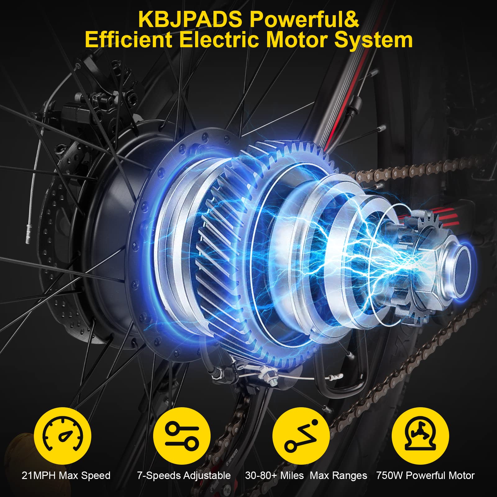 KBJPADS 26" Adult Electric Bikes 750W Motor Ebike 48V 16Ah Lithium Battery Electric Bicycles Dual Shock Absorbers 5-Speed 21MPH Mountain Beach E Bike