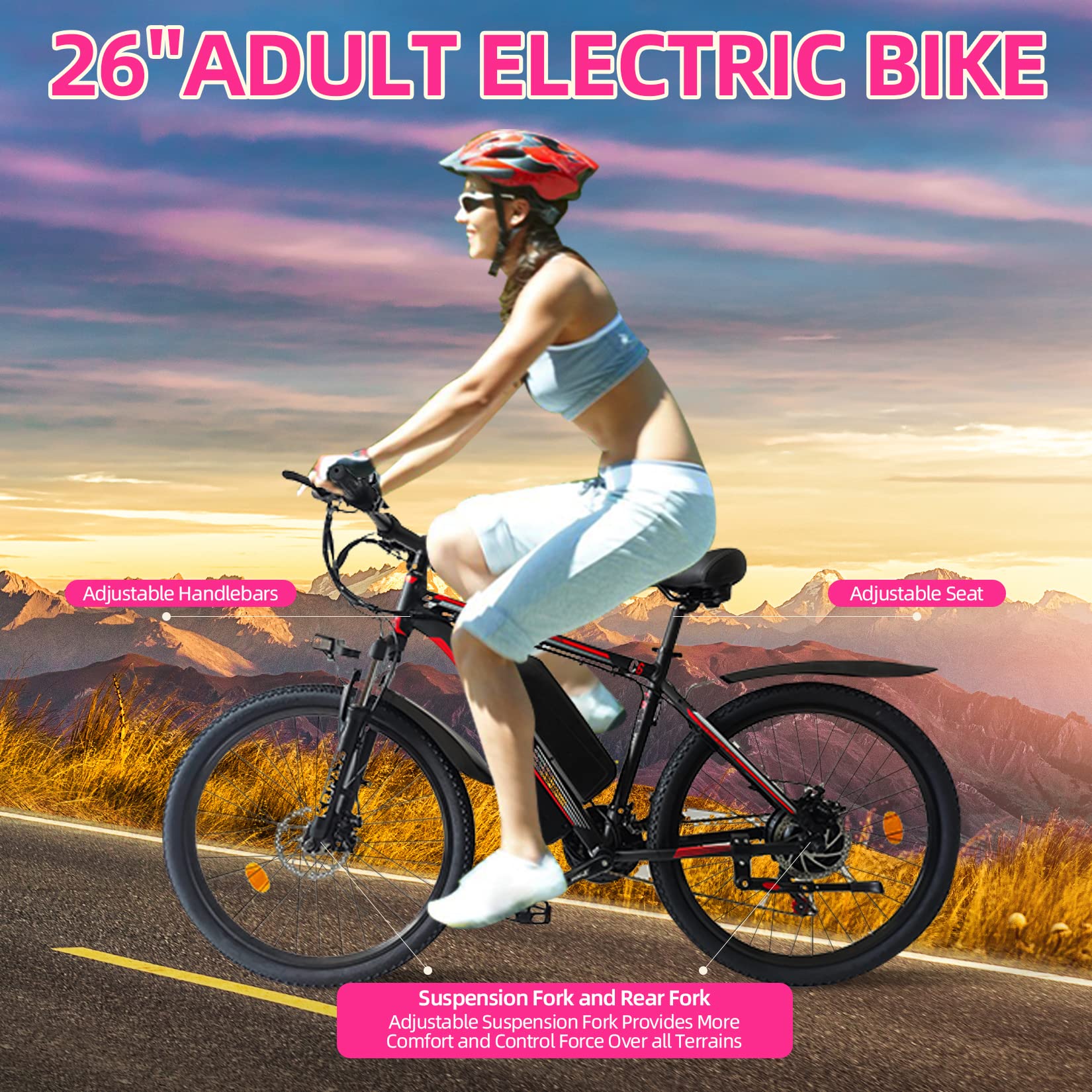 KBJPADS 26" Adult Electric Bikes 750W Motor Ebike 48V 16Ah Lithium Battery Electric Bicycles Dual Shock Absorbers 5-Speed 21MPH Mountain Beach E Bike