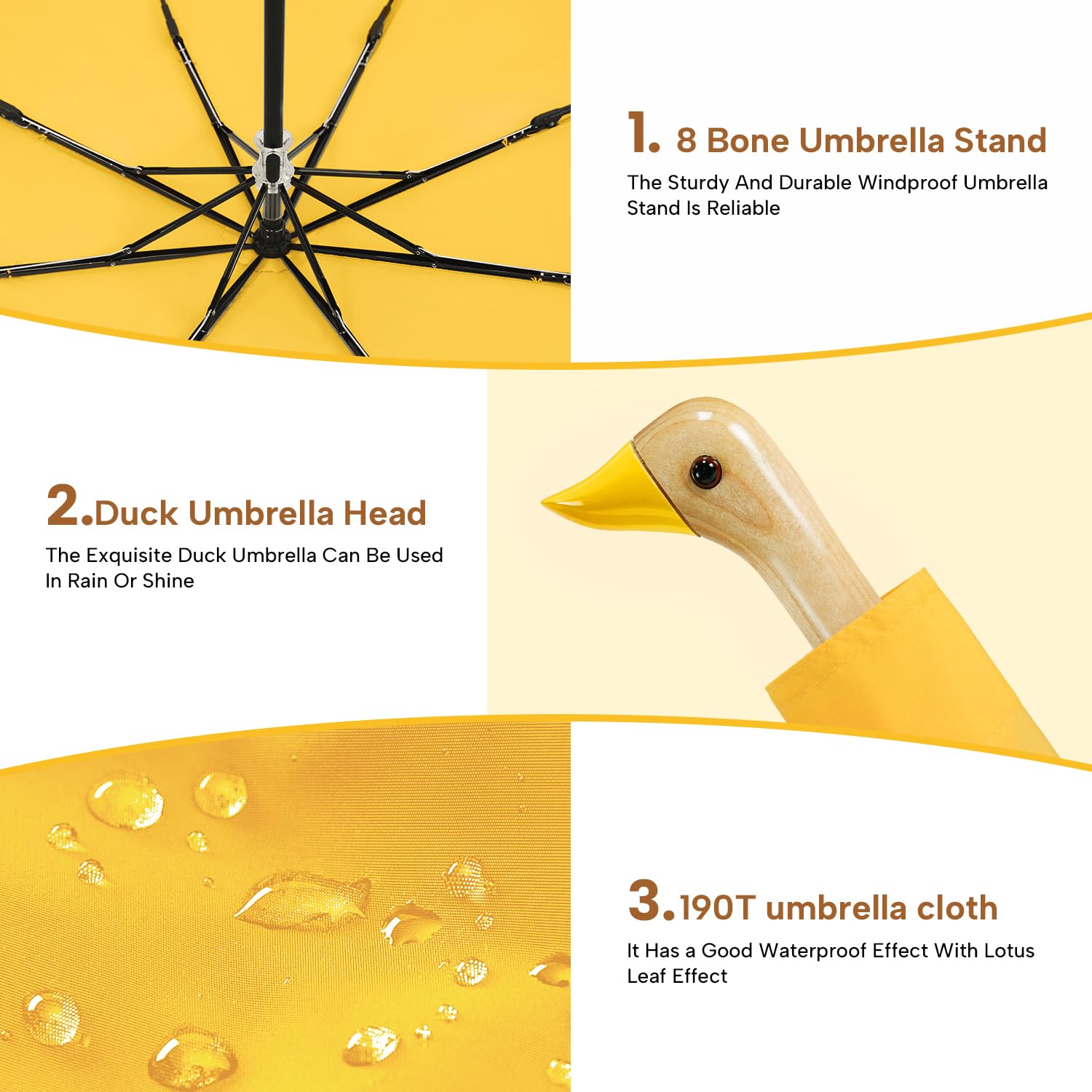 LEAGERA Compact Umbrellas for Rain&Sun, Travel Umbrella Cute Duck Head Handle Design for Girls Gifts, Steady 8 Ribs Folding Umbrella Lightweight and Small,Yellow