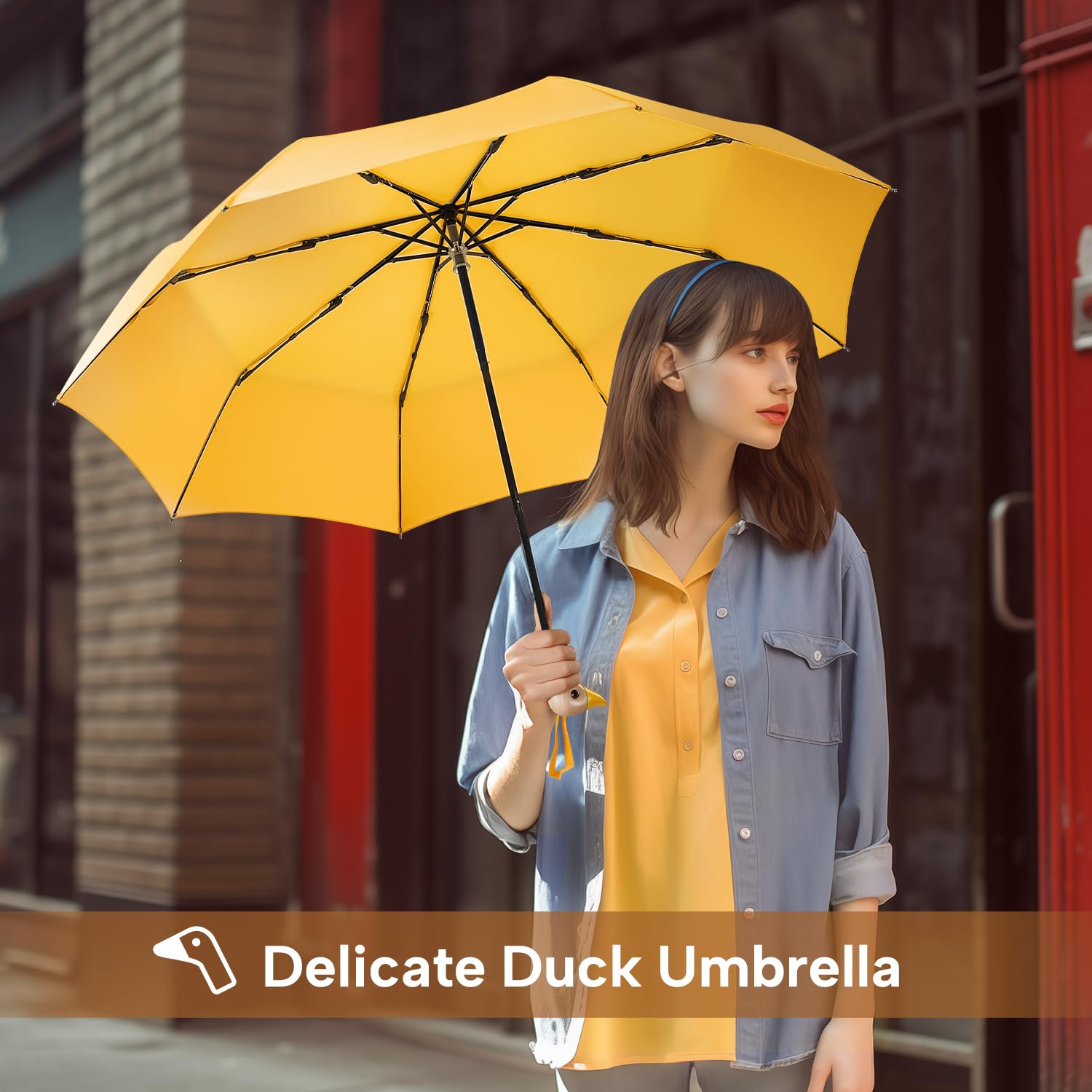 LEAGERA Compact Umbrellas for Rain&Sun, Travel Umbrella Cute Duck Head Handle Design for Girls Gifts, Steady 8 Ribs Folding Umbrella Lightweight and Small,Yellow