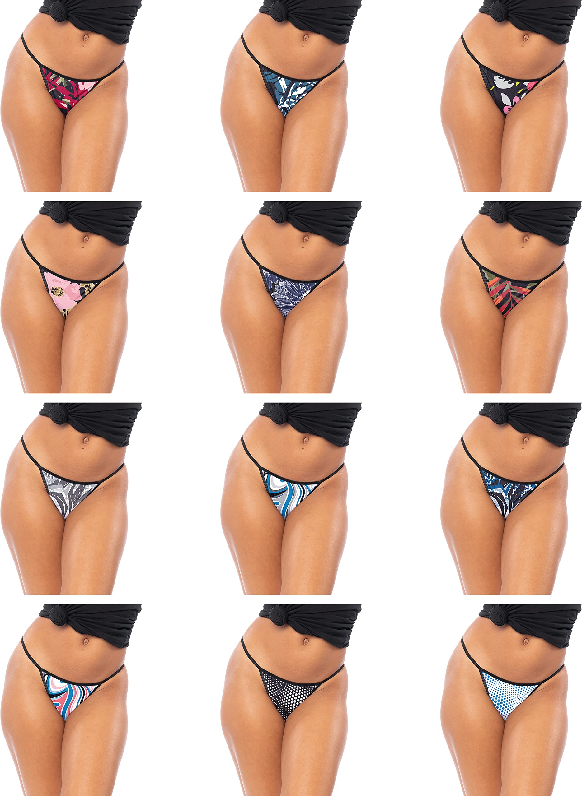 Sexy Basics Women's 12 Pack Buttery Soft Sexy G String Bikini T-Back Thong Underwear No Show Panties