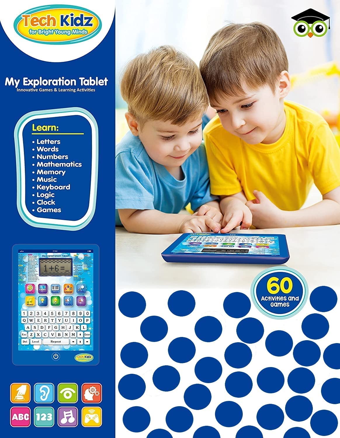 Tech Kidz My Exploration Toy Tablet Educational Learning Computer, 60 Challenging Learning Games and Activities, LCD Screen, Keyboard (Blue), Ages 3+