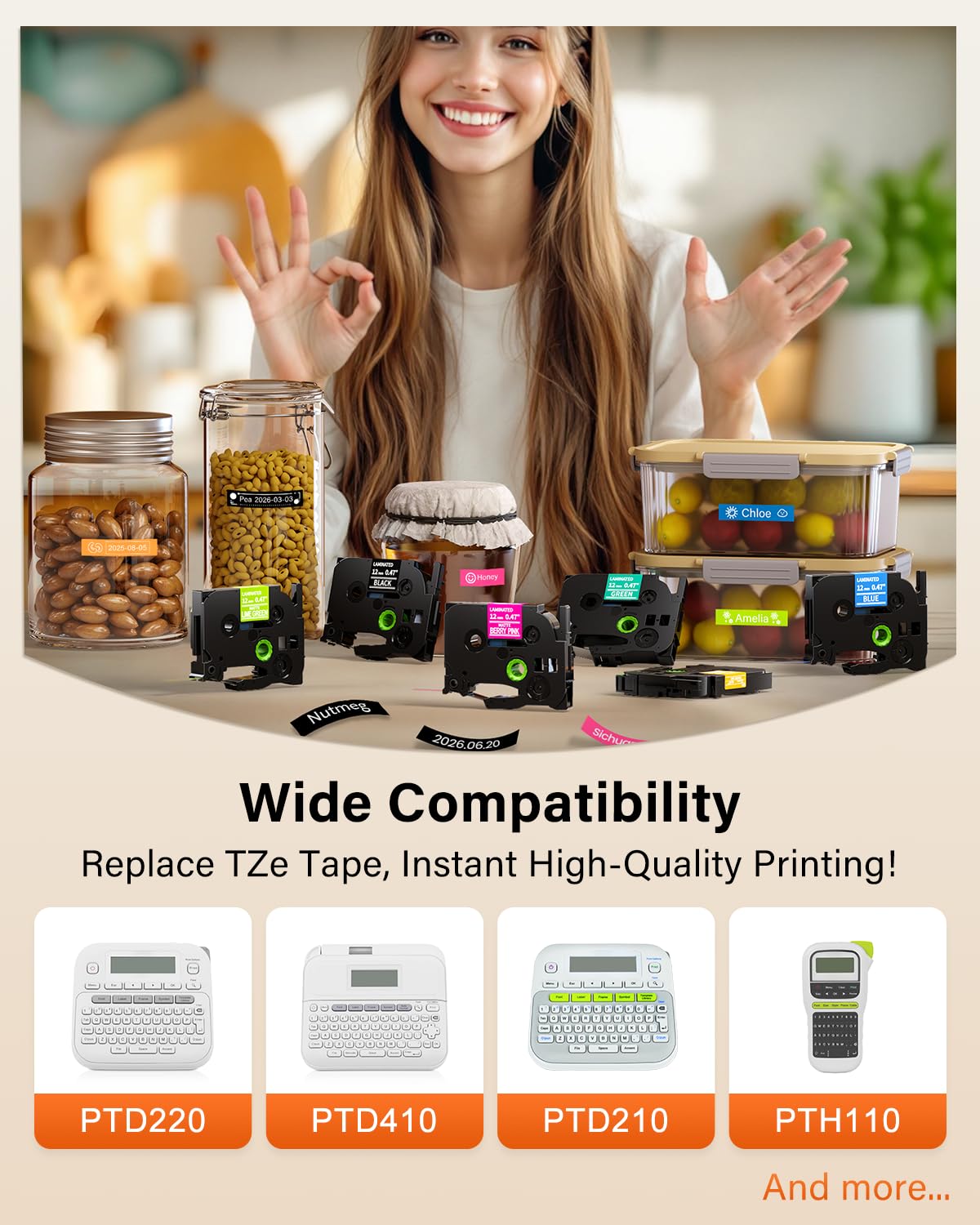Replacement for Brother P-Touch Label Maker Tape TZe 12mm 0.47 Ribbon Laminated TZ Colored Refills Compatible with Brother P Touch PT-D210 D220 H110 1000 1280 D400 Cube, 1/2" x 26.2', 6 Pack