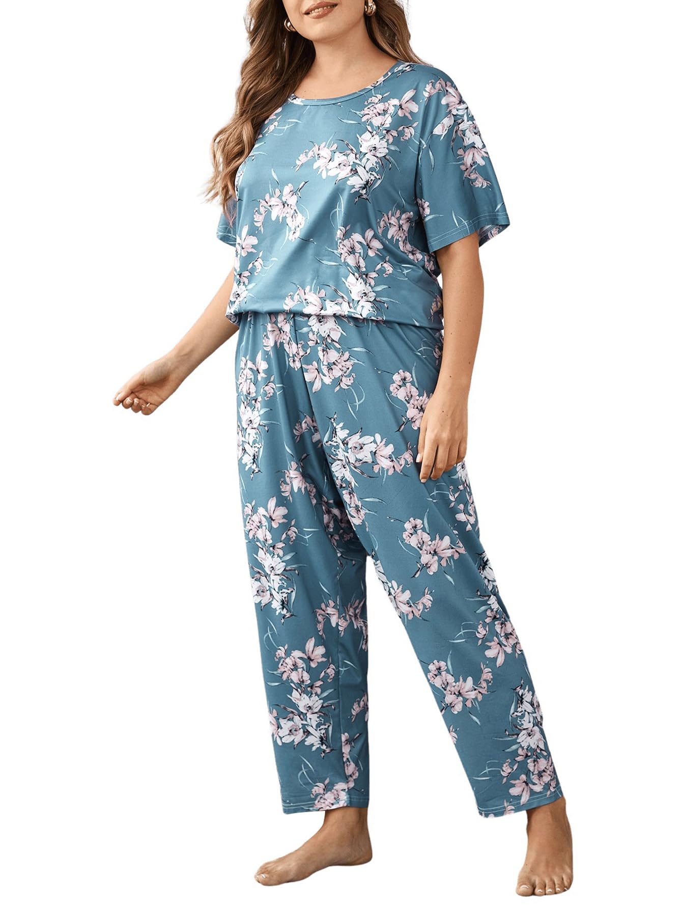 WDIRARA Women's Plus Size 2 Piece Sleepwear Floral Short Sleeve Top and Pants Pajama Set Dusty Blue 4XL