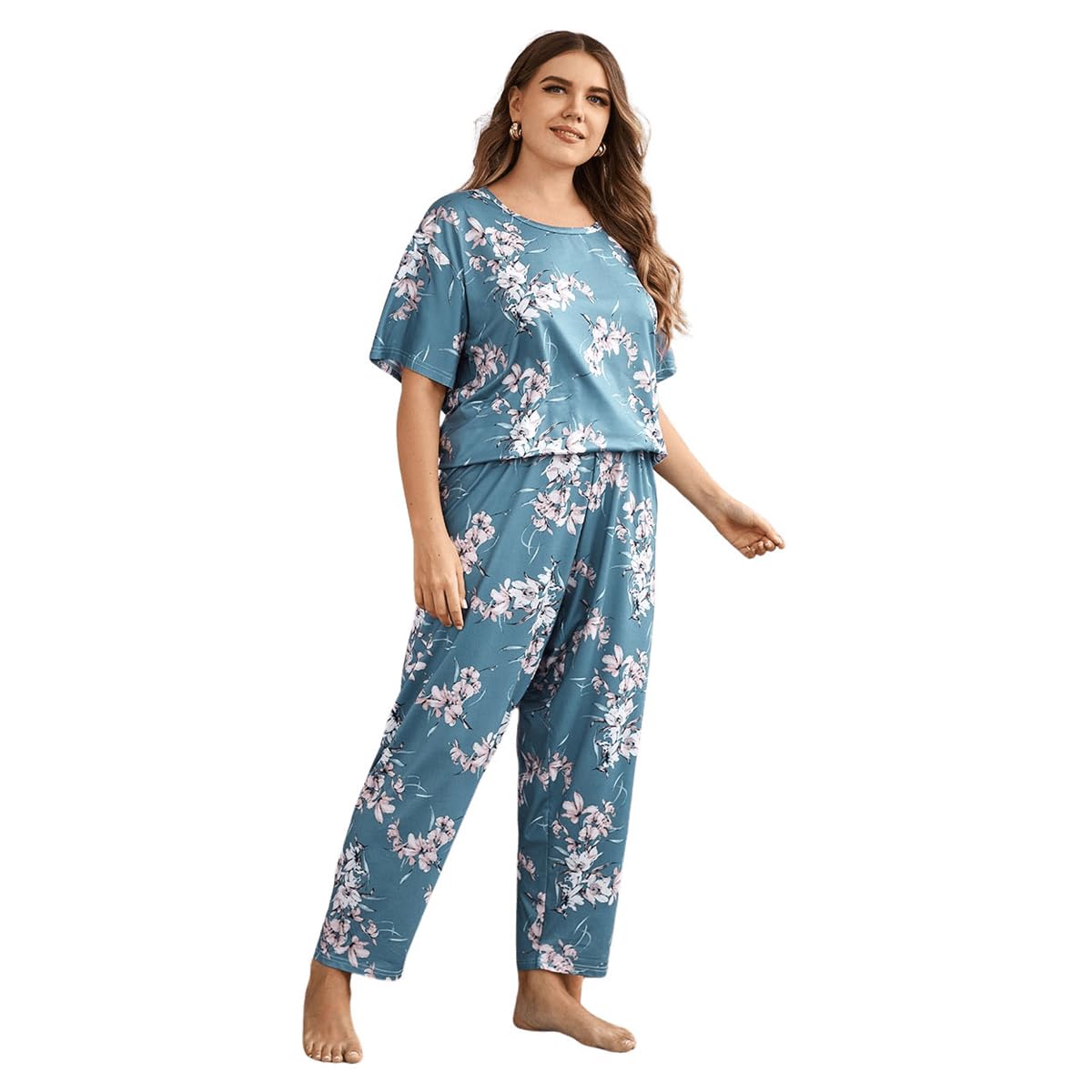 WDIRARA Women's Plus Size 2 Piece Sleepwear Floral Short Sleeve Top and Pants Pajama Set Dusty Blue 4XL