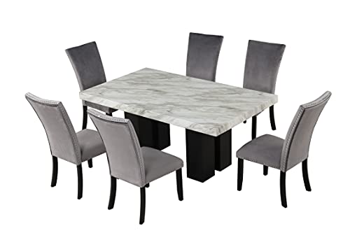 Homsof 7-Piece Set with 1 Faux Marble Dining Rectangular Table and 6 Upholstered-Seat Chairs, Gray+White 3
