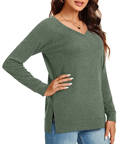 TAOHUADAO Women's 2024 Fall Casual Long Sleeve T-Shirt Side Split Tunic Tops for Leggings Loose V-Neck Sweater Christmas X-Large, Drak Green