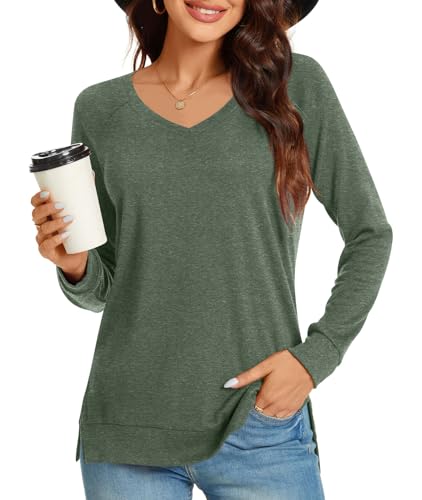 TAOHUADAO Women's 2024 Fall Casual Long Sleeve T-Shirt Side Split Tunic Tops for Leggings Loose V-Neck Sweater Christmas X-Large, Drak Green