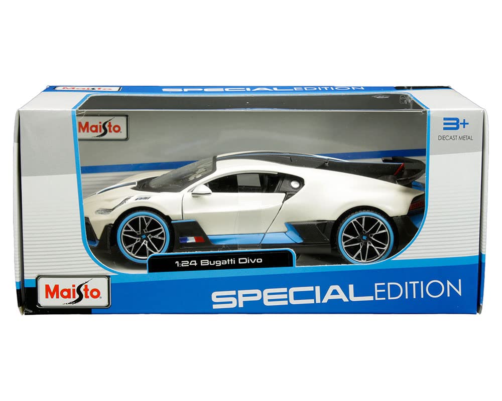 Toy Cars Bugatti Divo Satin White Metallic with Carbon and Blue Accents Special Edition 1/24 Diecast Model Car 31526