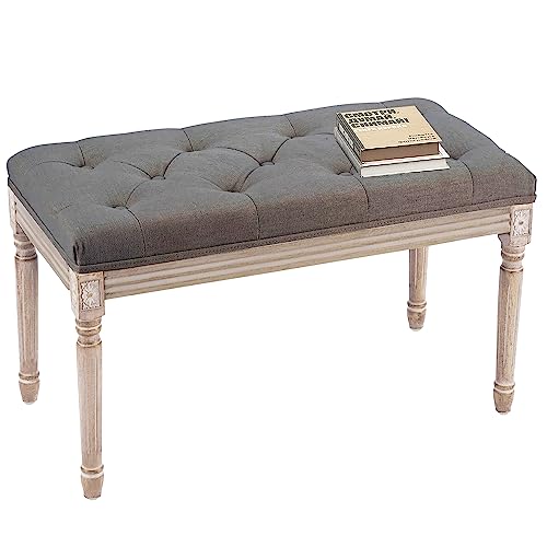 Yusong Upholstered Bench,Bedroom Bench for End of Bed,Piano Bench Dining Bench Entryway Shoe Bench with Button Tufted Padded Seat for Living Room, Vanity Bench Foot-Stool with Carved Wood Legs,Grey