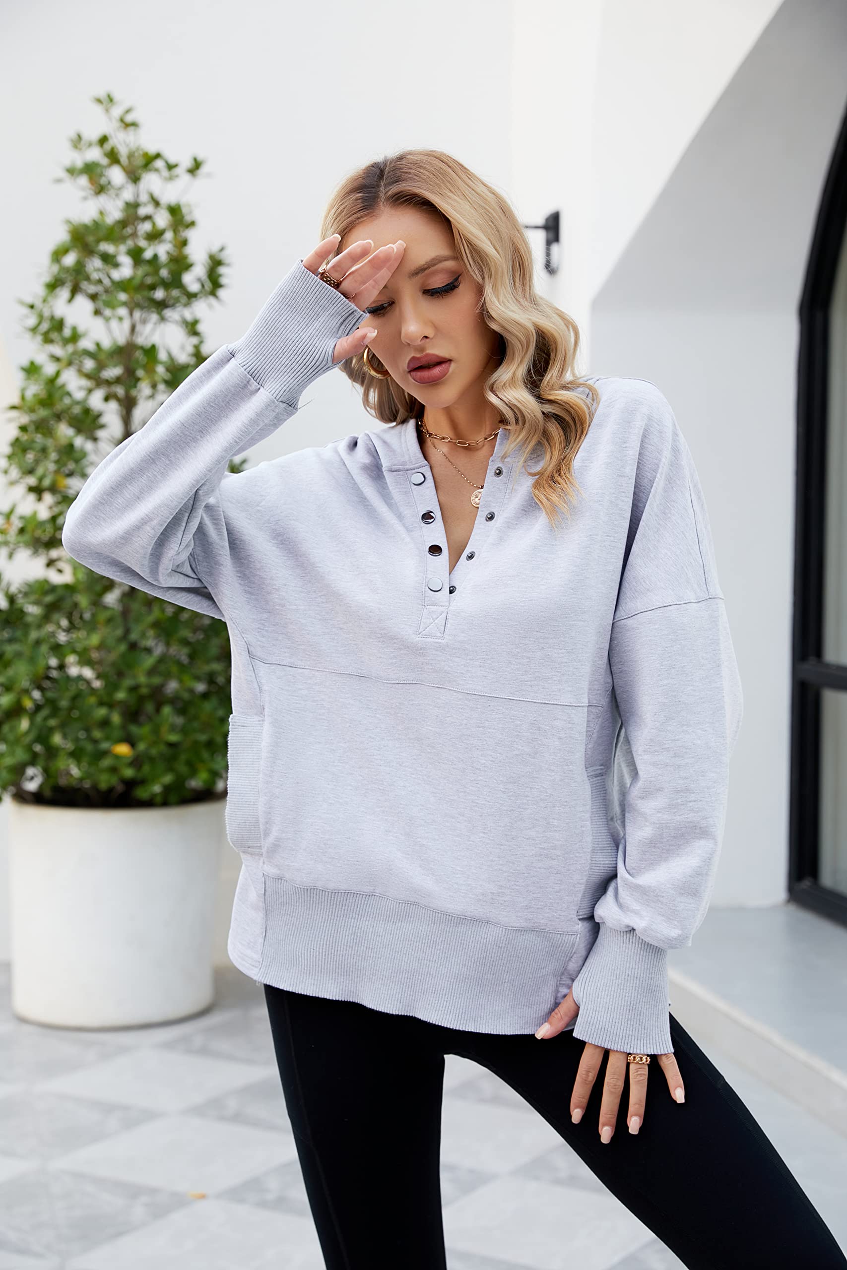 YMYDYFC Women Casual Oversized Hoodies Button Down Shirt V Neck Henley Sweatshirt Pullover Hooded Tops with Pockets Light Gray Small