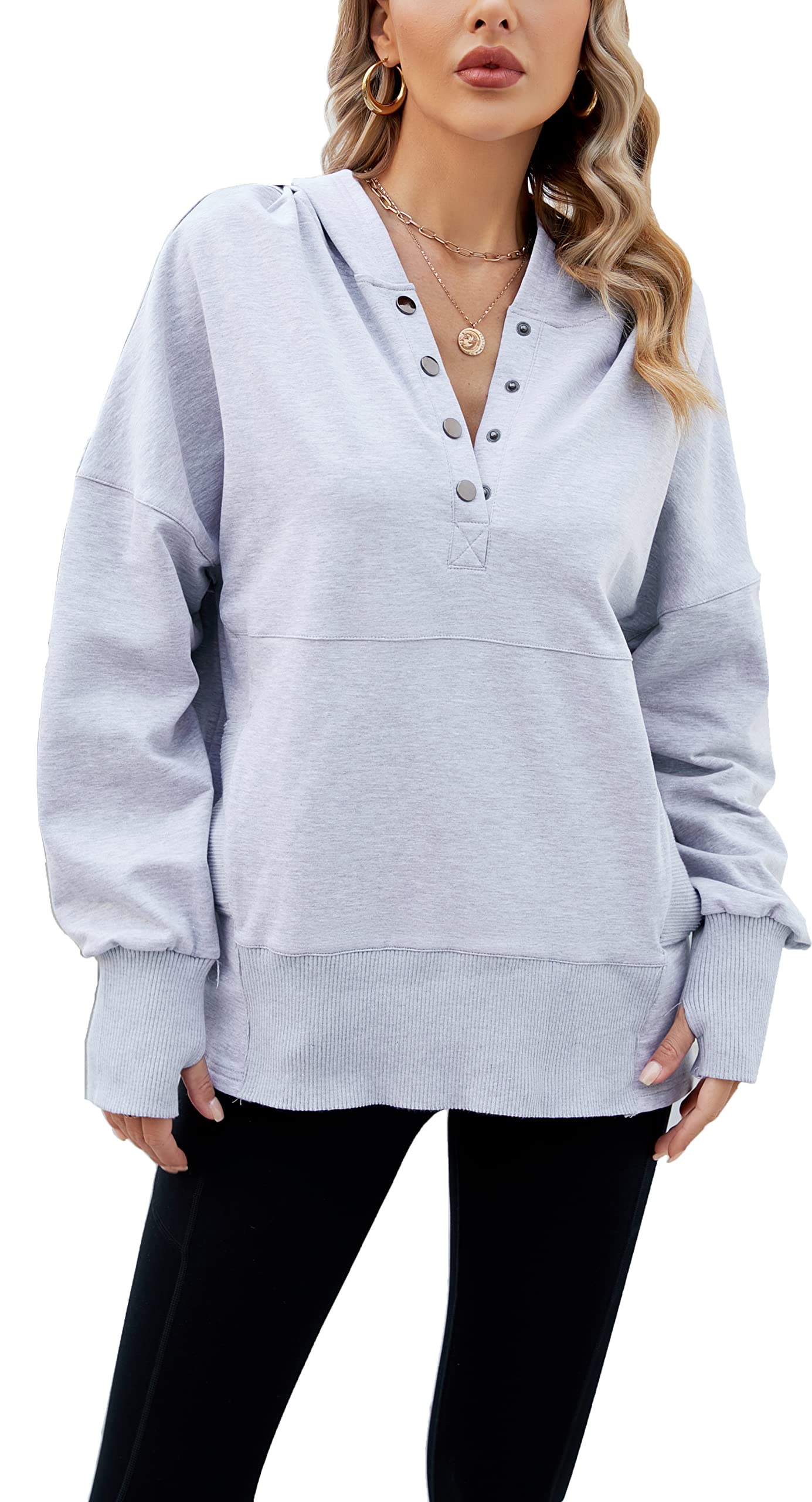 YMYDYFC Women Casual Oversized Hoodies Button Down Shirt V Neck Henley Sweatshirt Pullover Hooded Tops with Pockets Light Gray Small