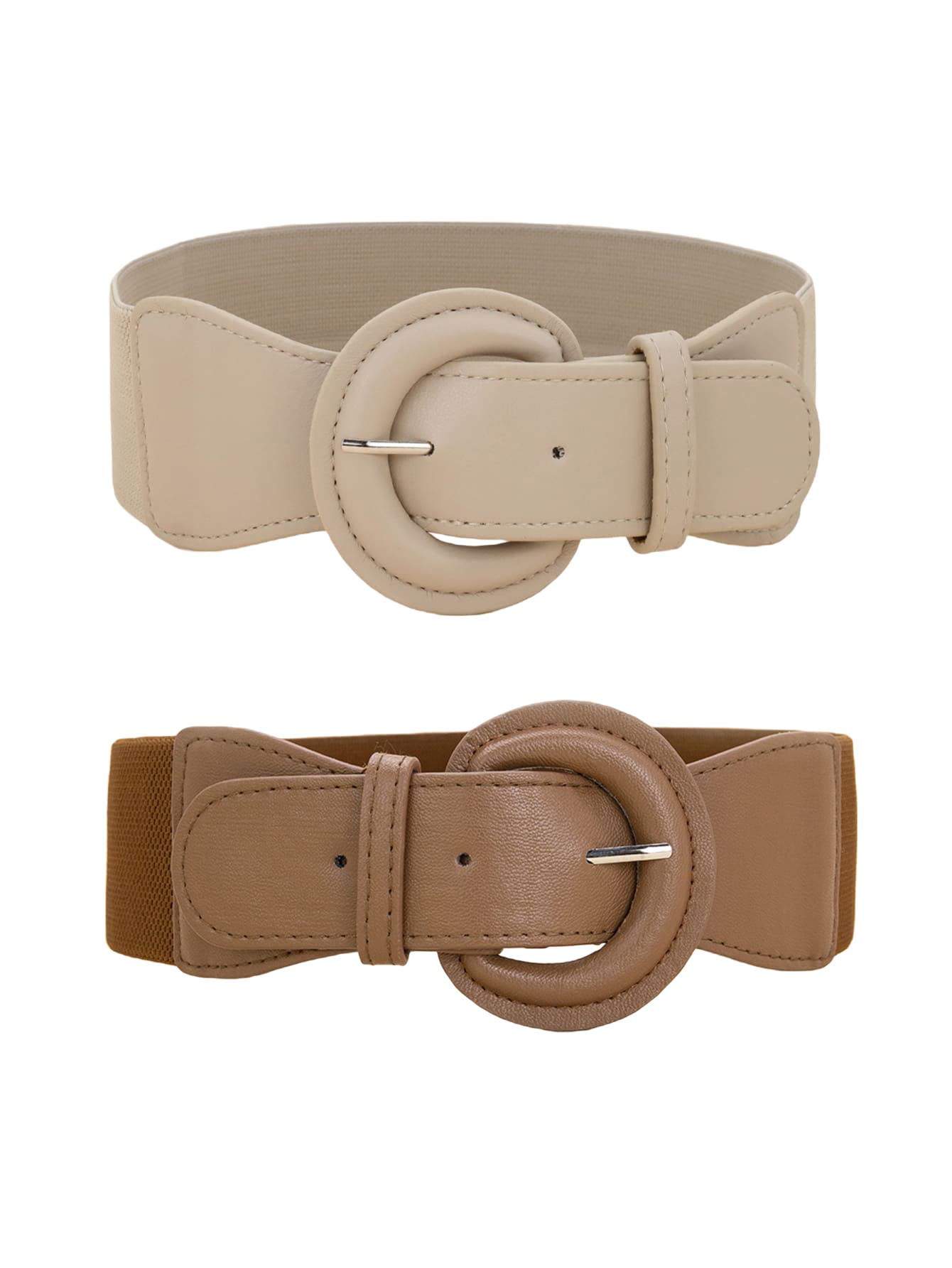 Floerns Women's 2 Piece Simple Pu Leather Casual Wide Dress Jean Belt Set Brown Beige One Size