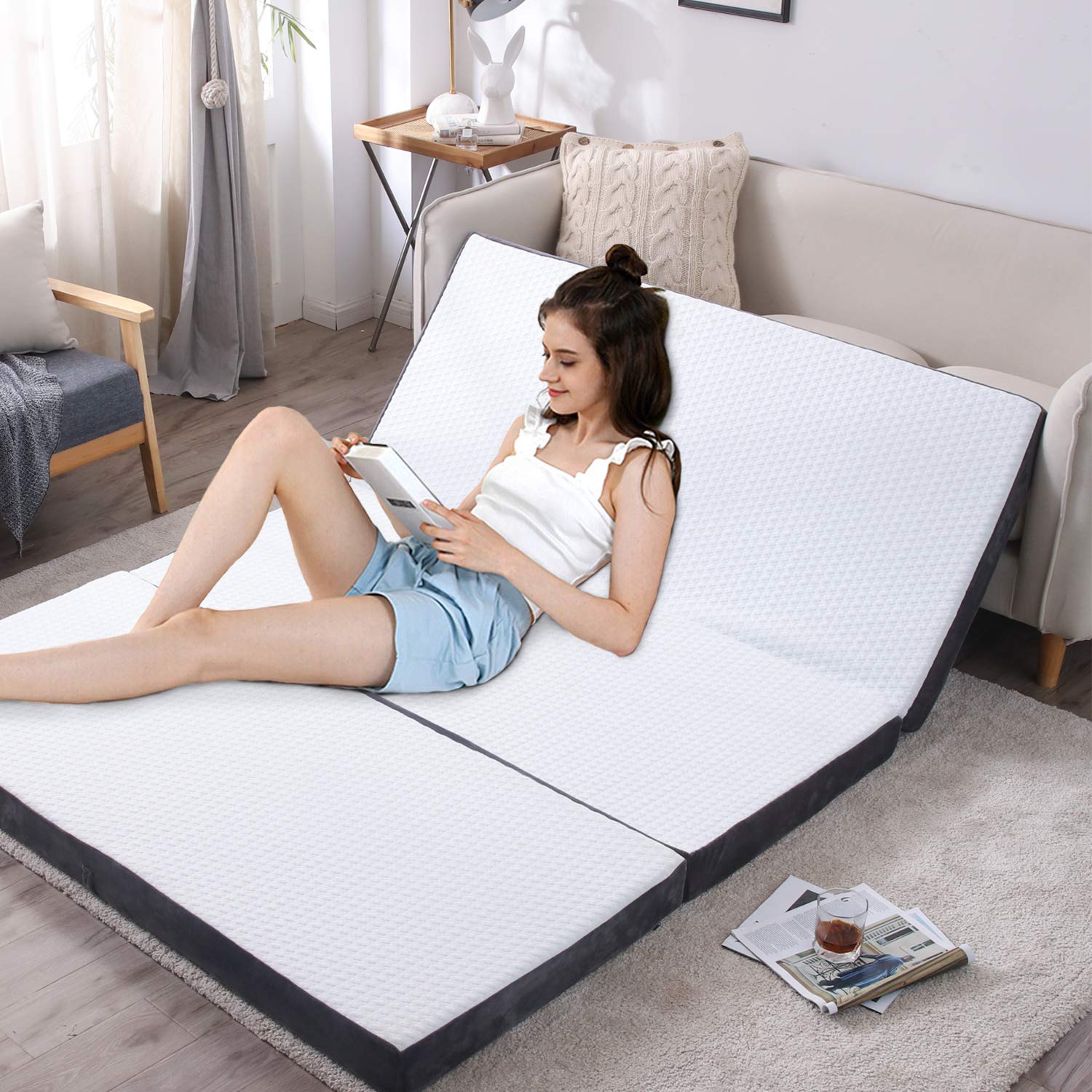 GOHOME Tri-Folding Mattress - Portable Futon Mattress for Children and Adults, Foldable Floor Mattress with Non-Slip Bottom for Back Pain Relief, Full 52"x74"x6"