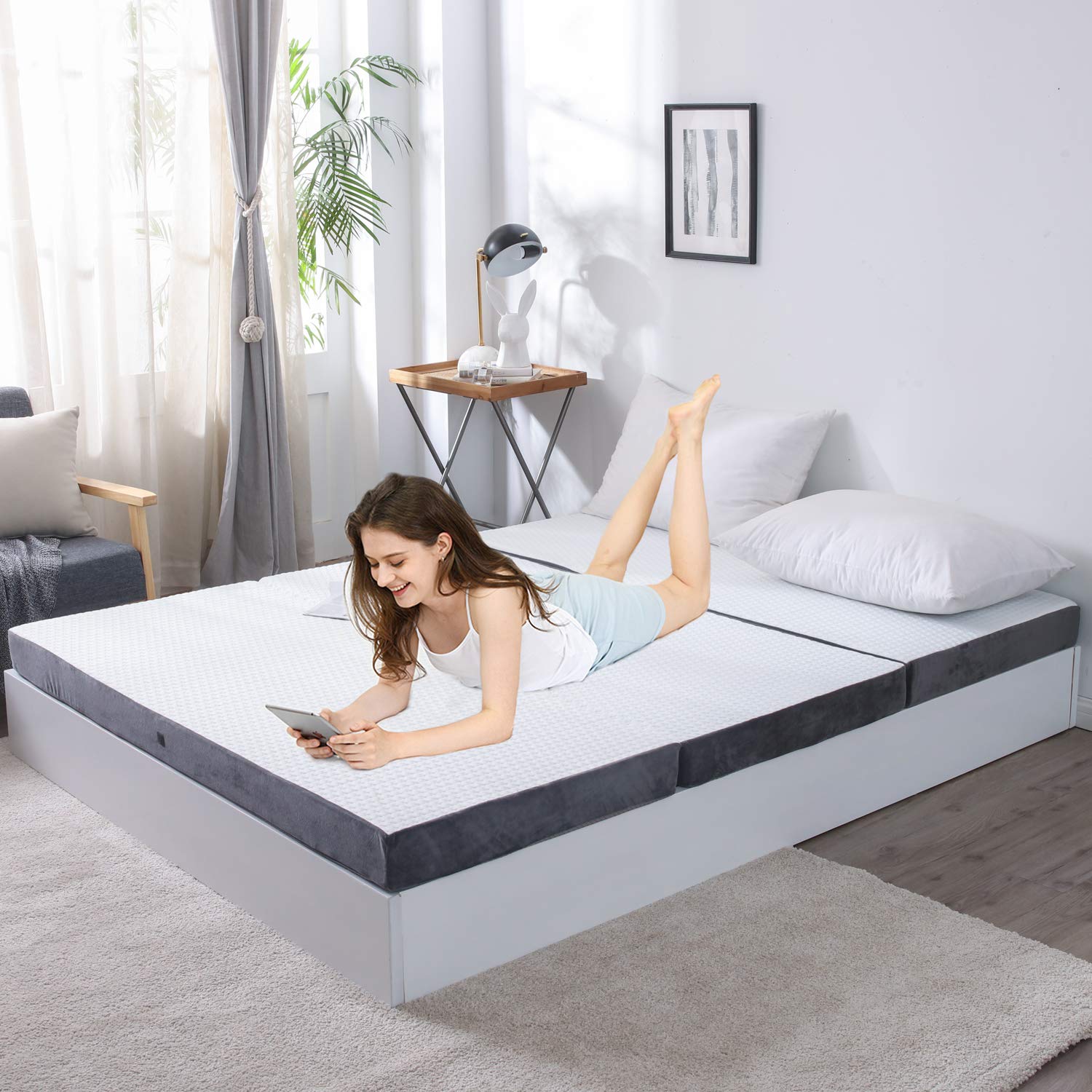 GOHOME Tri-Folding Mattress - Portable Futon Mattress for Children and Adults, Foldable Floor Mattress with Non-Slip Bottom for Back Pain Relief, Full 52"x74"x6"