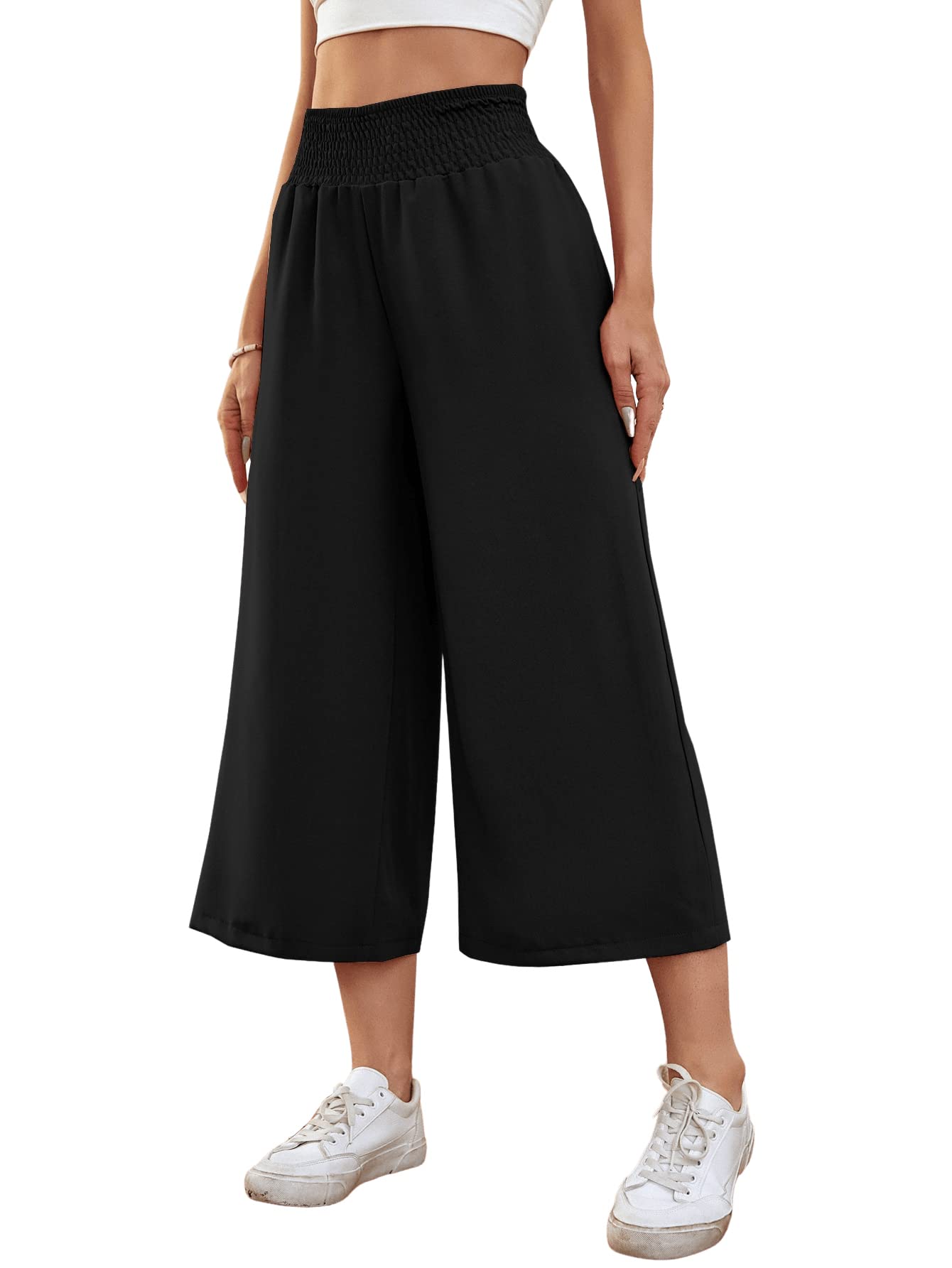 SHENHE Women's Elastic High Waisted Wide Leg Palazzo Pants Shirred Loose Capri Pants Black XL