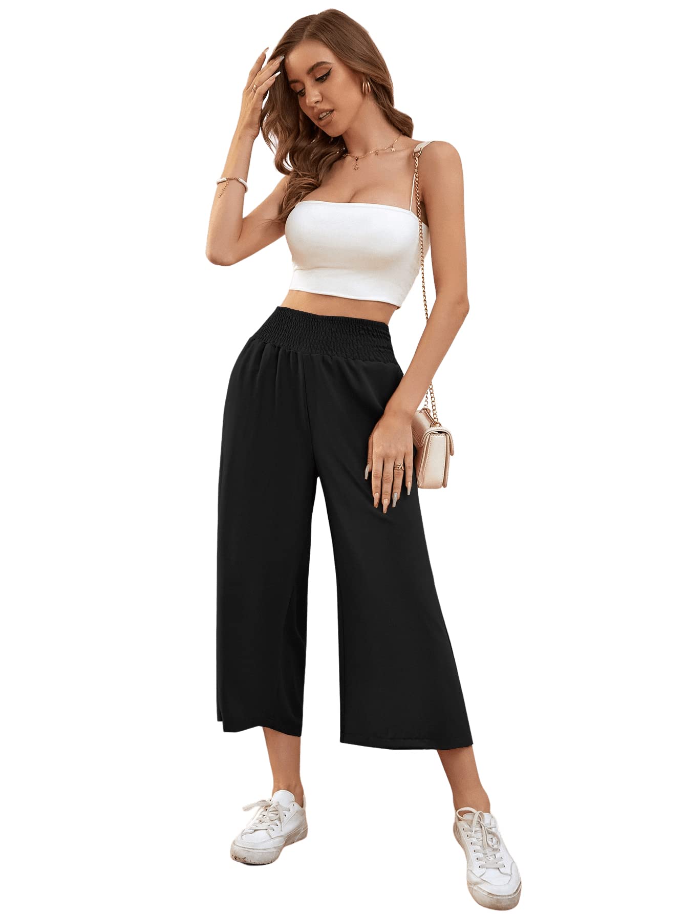 SHENHE Women's Elastic High Waisted Wide Leg Palazzo Pants Shirred Loose Capri Pants Black XL